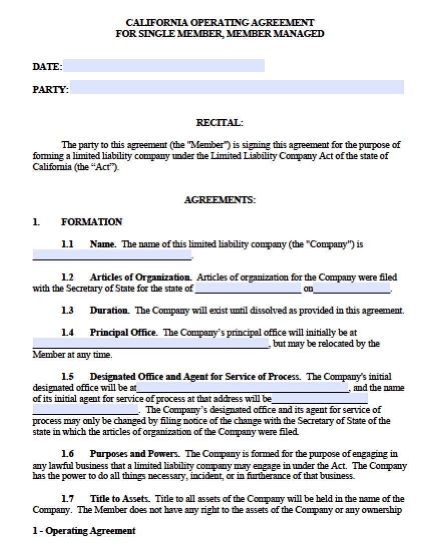 California single member llc operating agreement version 2 Free LLC 